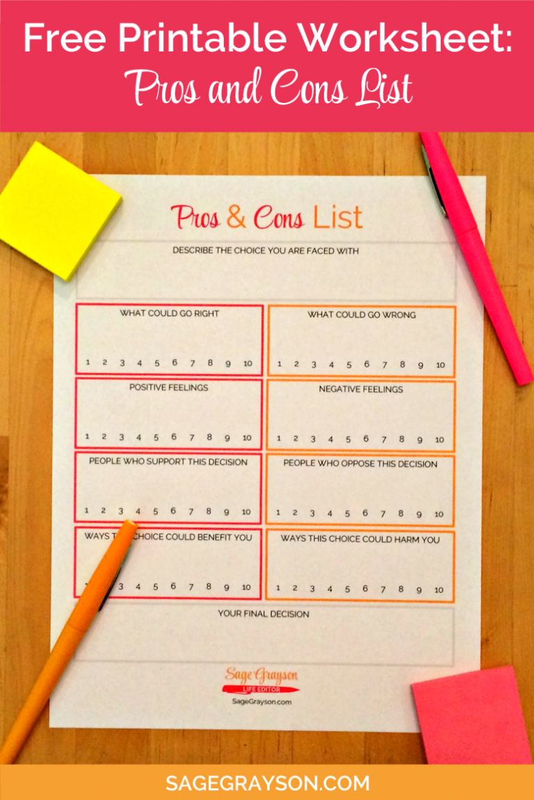 Printable Worksheet: Pros and Cons List - Sage Grayson Life Editor